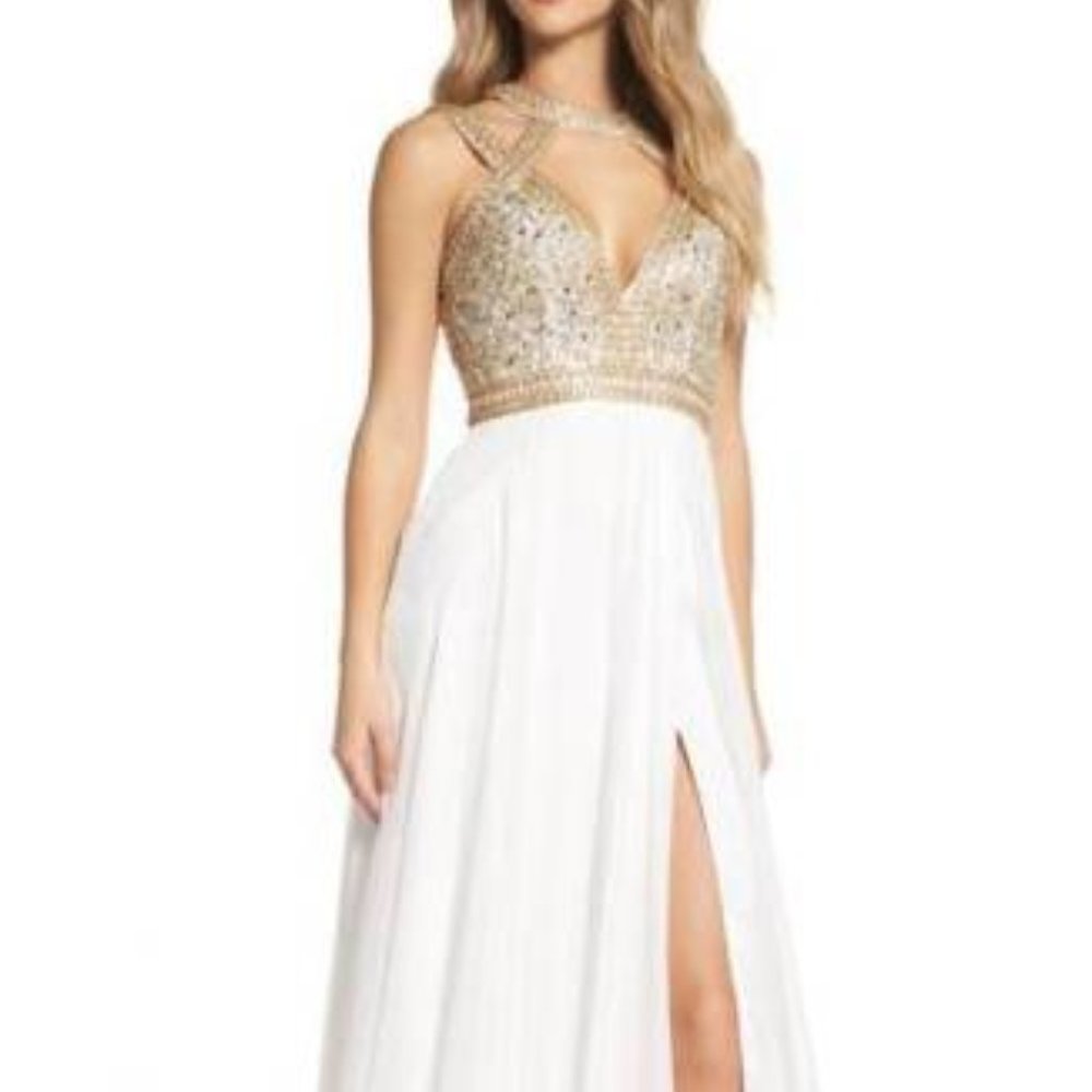 Mac Duggal Beaded Cutout Bodice Chiffon Gown Sz 12 - Gem